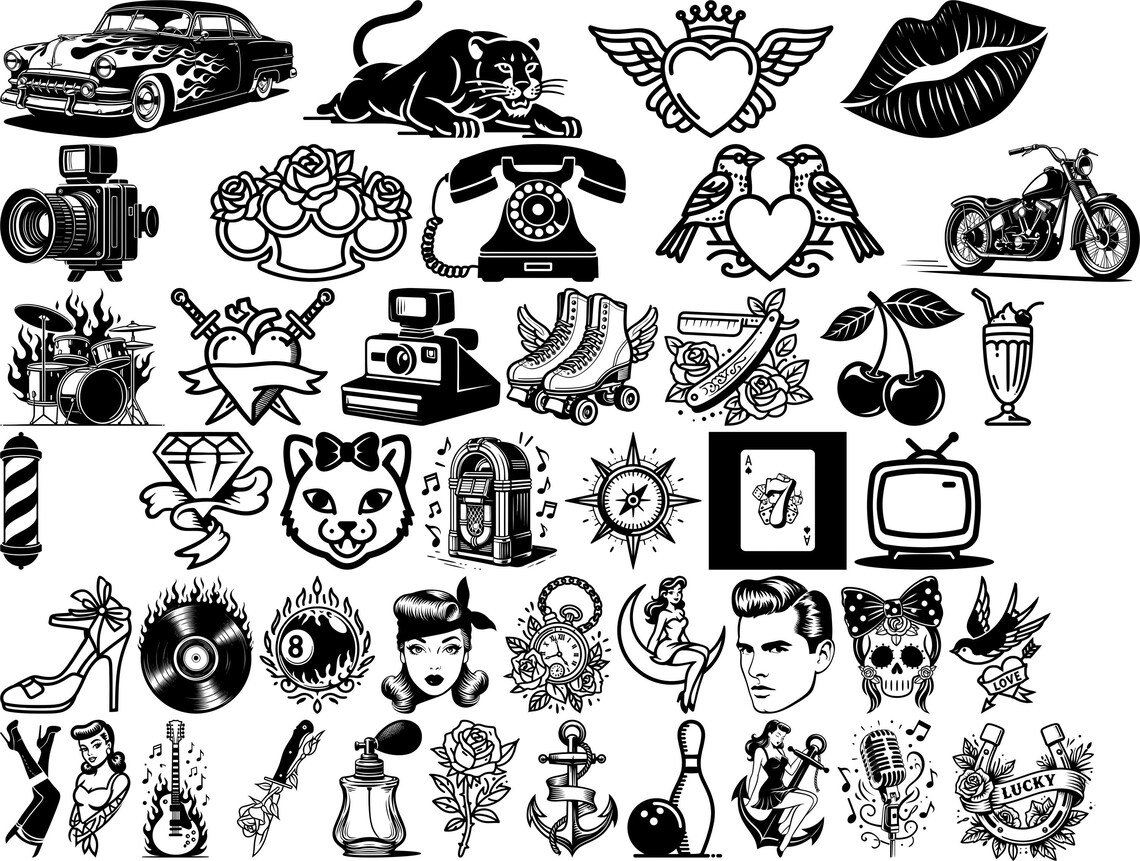 43 Rockabilly Retro Svg Bundle / Pin up Vintage Icons Dxf / Old School ...