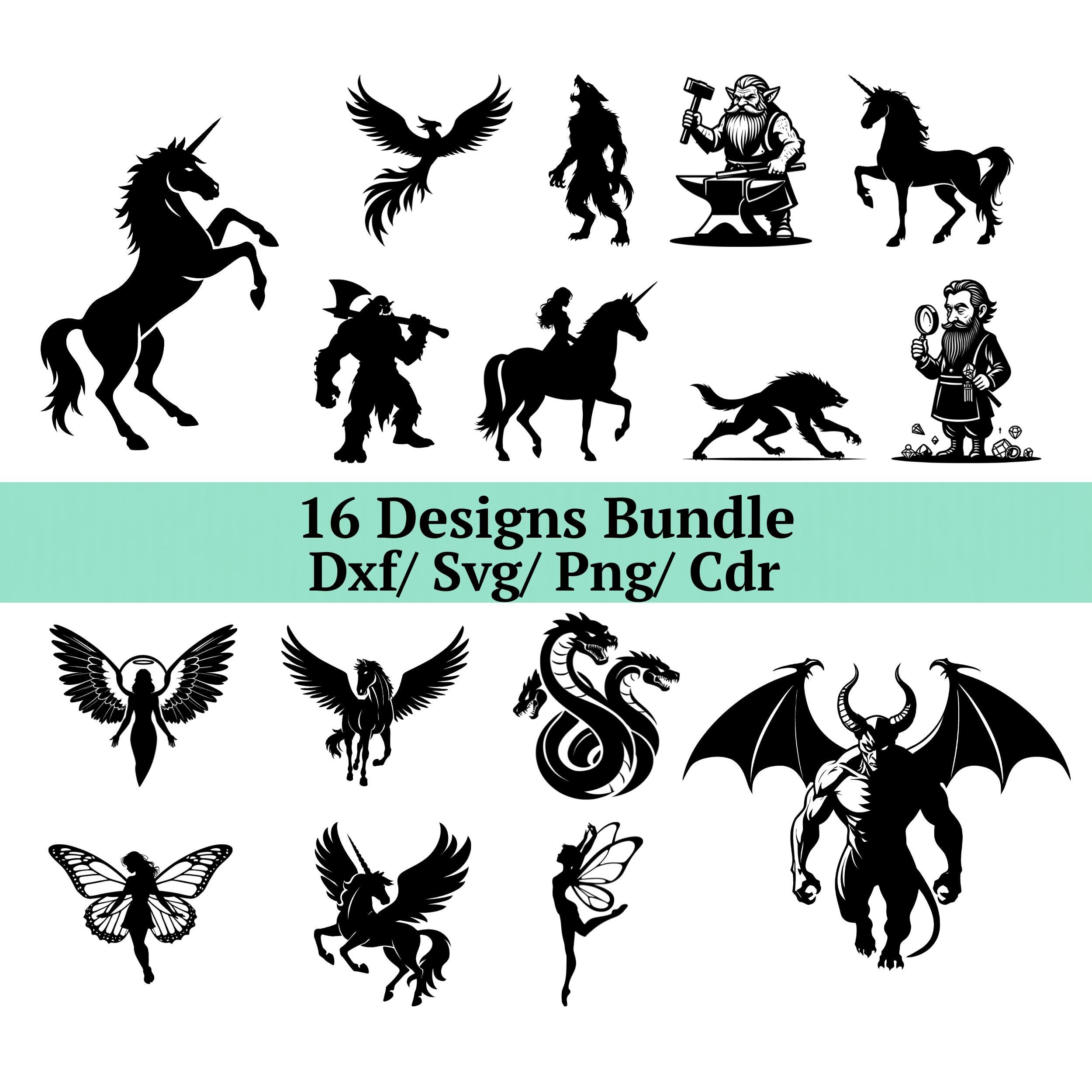 Mythical Creature Svg Bundle, 16 Fantasy Beast Png, Phoenix Unicorn Dxf ...