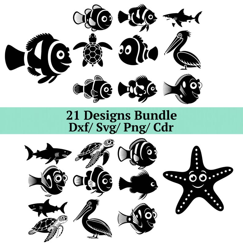 Ocean Fish Svg Bundle, 21 Sea Life Png, Clownfish Cdr, Turtle Shark Dxf ...
