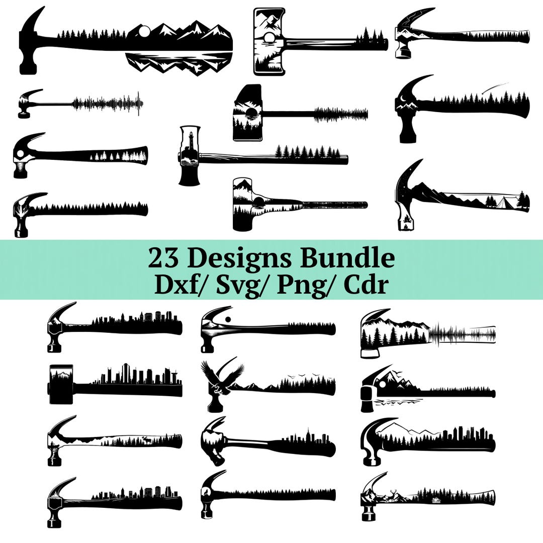 23 Hammer Bundle SVG DXF PNG Cdr, Carpenter Tool Mountain Silhouette ...