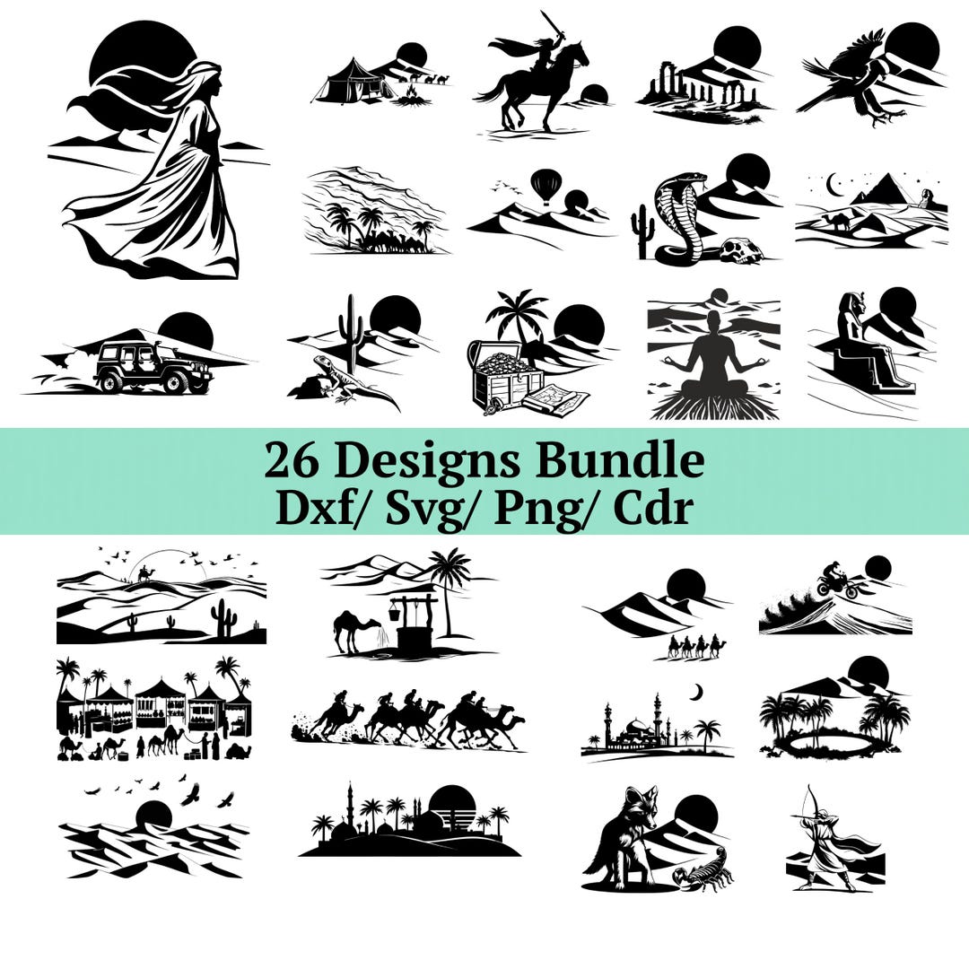 Desert Adventure SVG Bundle, 26 Egypt Pyramid Silhouette, Camel Caravan ...