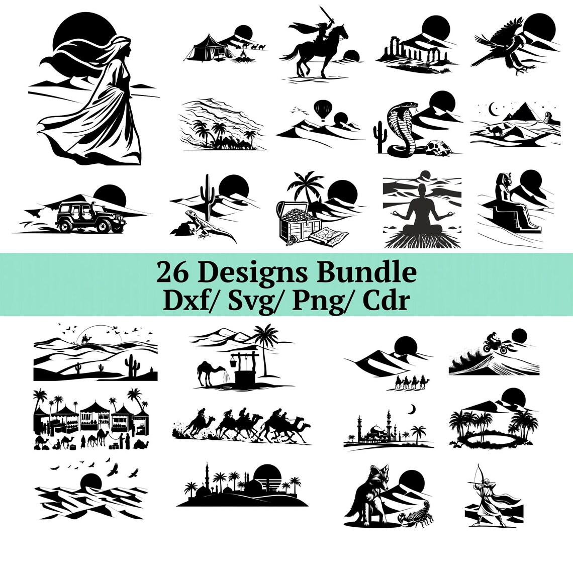 Desert Adventure SVG Bundle, 26 Egypt Pyramid Silhouette, Camel Caravan ...