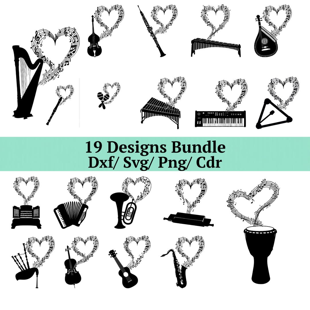 Music Heart SVG Bundle, 19 Musical Instrument Silhouette, Heart Music ...
