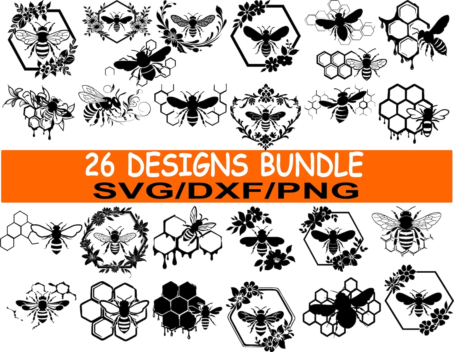 Floral Honey Bee Svg Dxf Png Collection 26, Boho Bee With Flowers and ...
