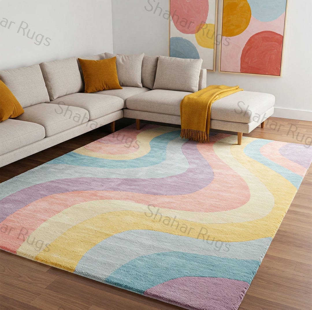 Wavy Pastel Area Rug, Modern Home Decor & Personalized Gift, Bedroom ...