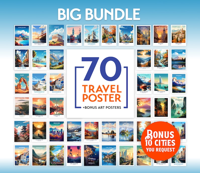 70 Travel Poster Collection BONUS 10 City You Requested Travel Wall Art ...