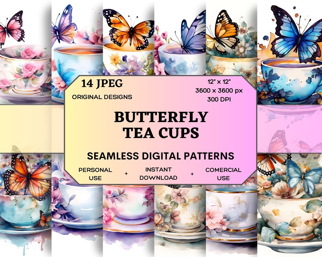 Butterfly Tea Cups Seamless Tea Party Watercolor Printable - Etsy