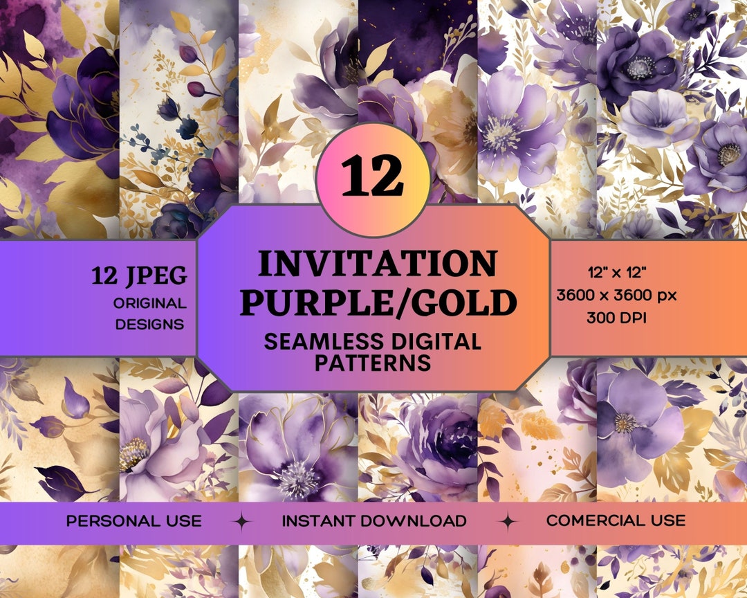 Fancy Decorations Watercolor Purple Floral Motifs and Gold - Etsy