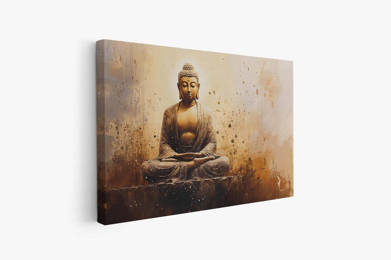 Arte em tela de Buda sereno, pintura zen abstrata, grunge dourado ...