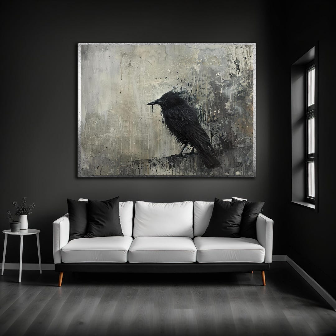 Gothic Crow Painting, Textured Grey Canvas, Witchcore Raven Wall Art - Etsy