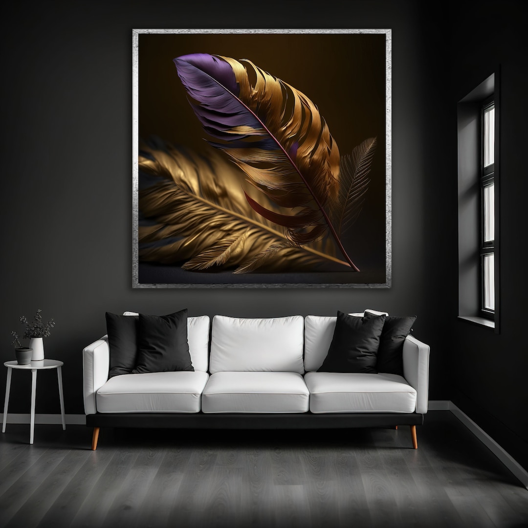 Gold Feather Wall Art, Feather Wall Decor, Feather Canvas, Gold Wall ...