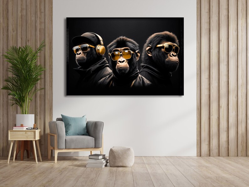 Three Monkey Canvas Wall Art Decor, Gorilla Canvas Painting, Printable ...