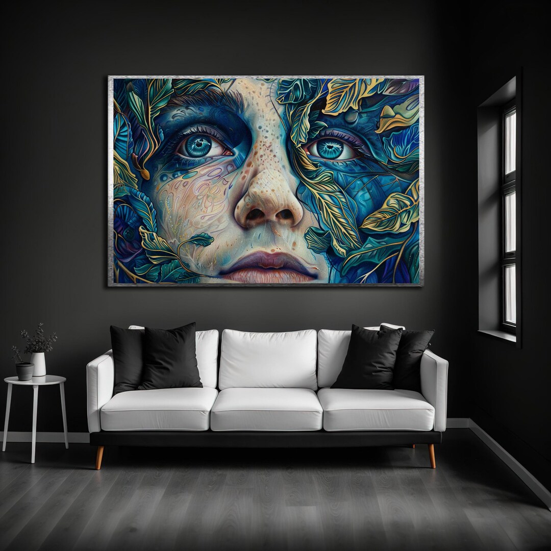 Surreal Botanical Woman Portrait, Blue Face Art Print, Boho Wall Decor ...