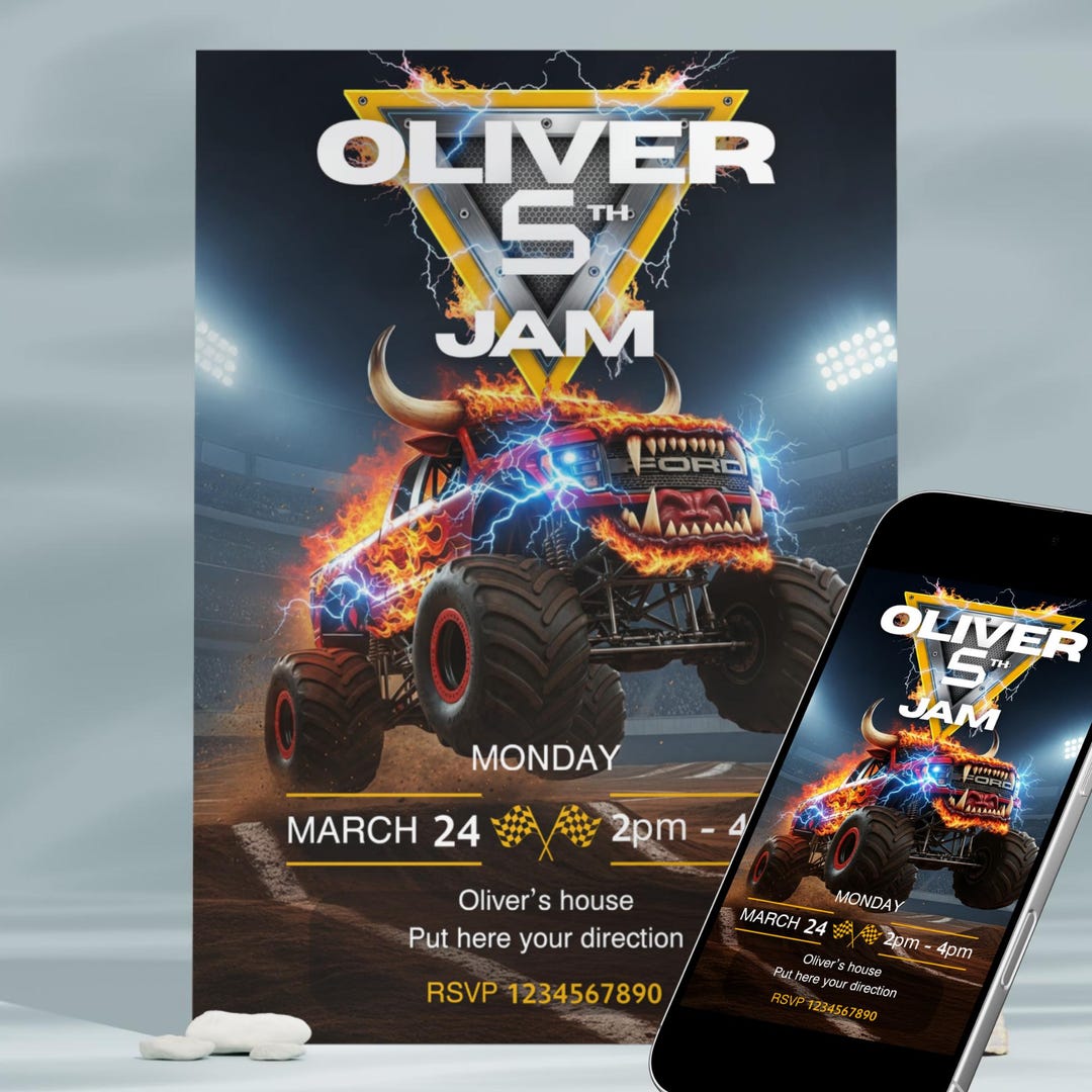 Fiery Monster Truck Birthday Invitation, Race Car Off-road Invitation ...