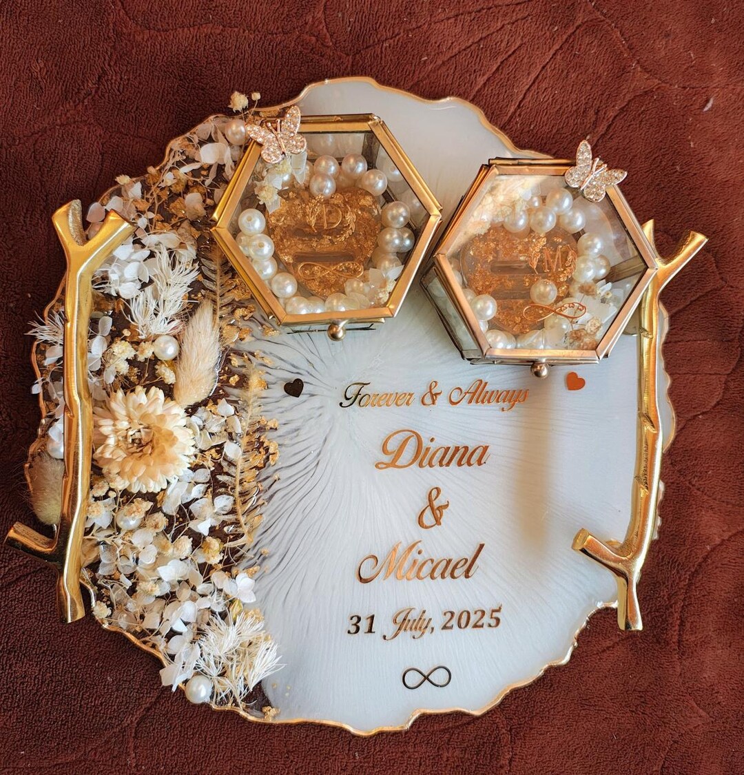 Personalized Resin Engagement Platter With Hexagon Ring Holders ...
