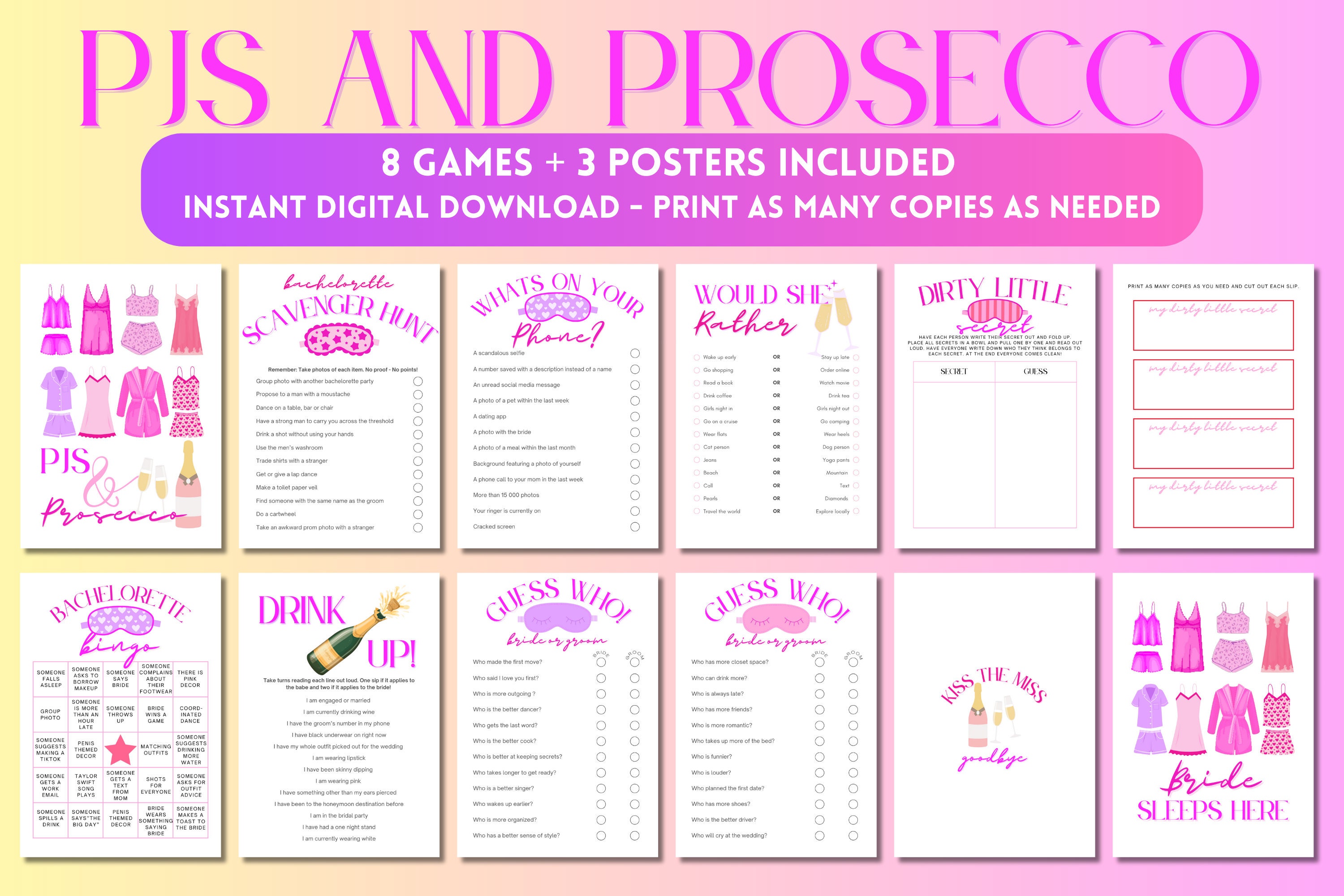 Pjs and PROSECCO - Bachelorette Multi Game Pack - Etsy