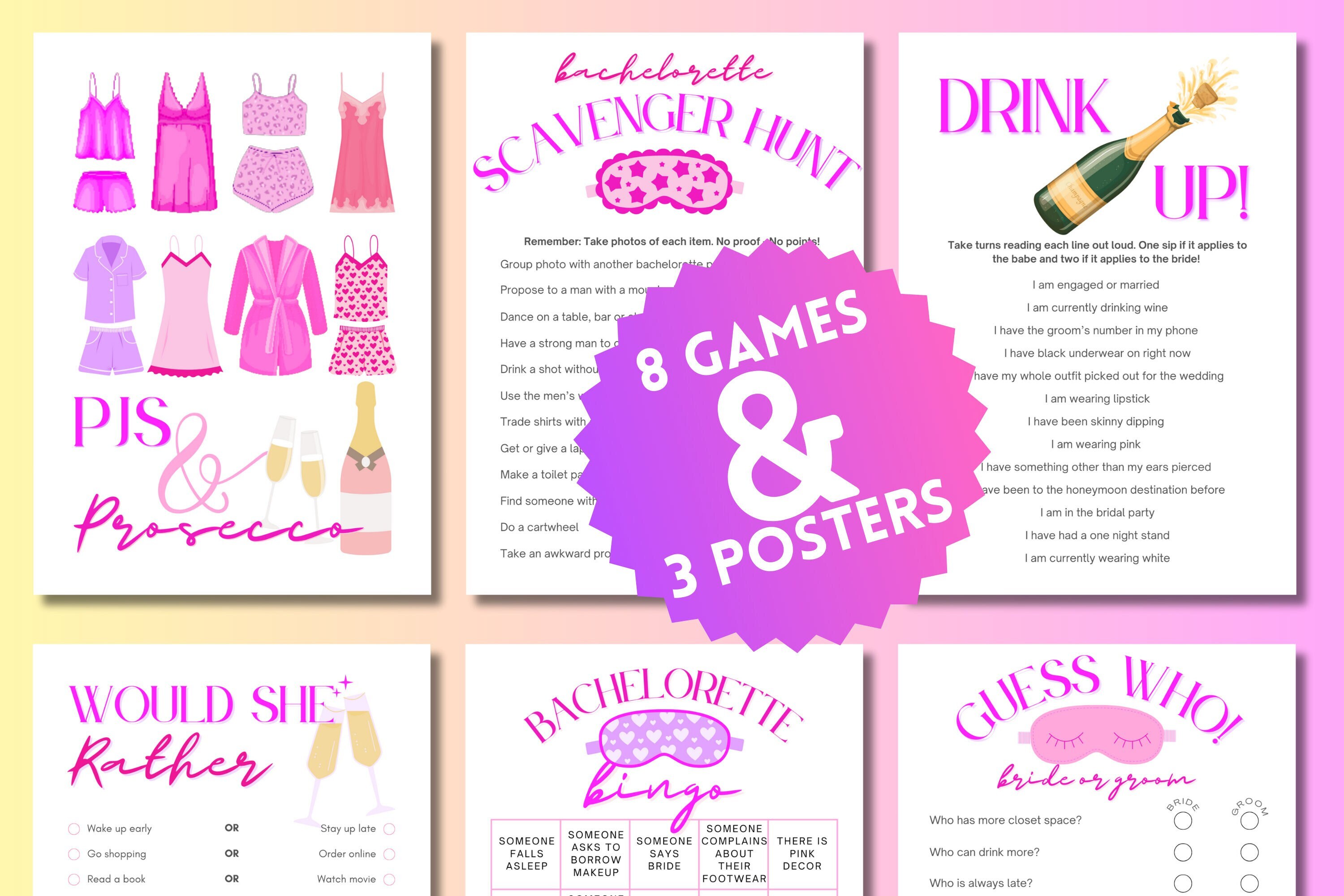 Pjs and PROSECCO - Bachelorette Multi Game Pack - Etsy