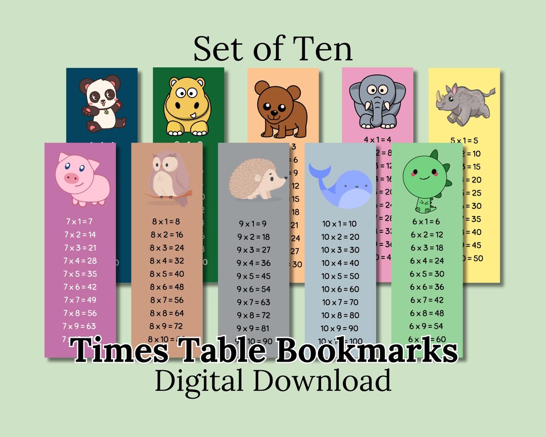 Times Table Bookmarks, Set of Ten Math Help Bookmarks,instant Download ...