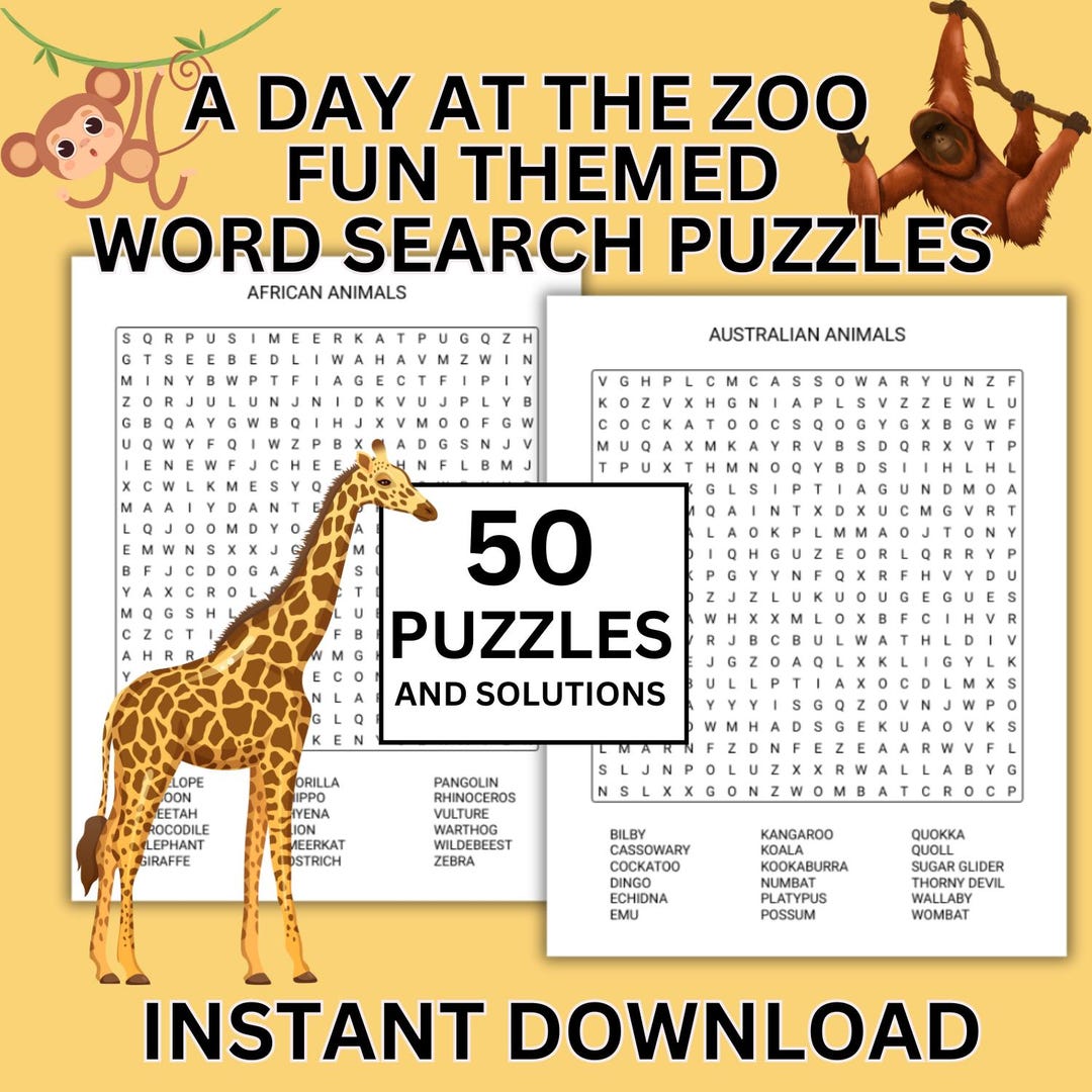 Zoo Word Search Puzzle Bundle: 50 Printable Animal Activity Games (PDF ...