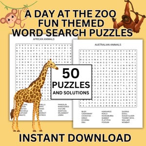 Zoo Word Search Puzzle Bundle: 50 Printable Animal Activity Games (PDF ...