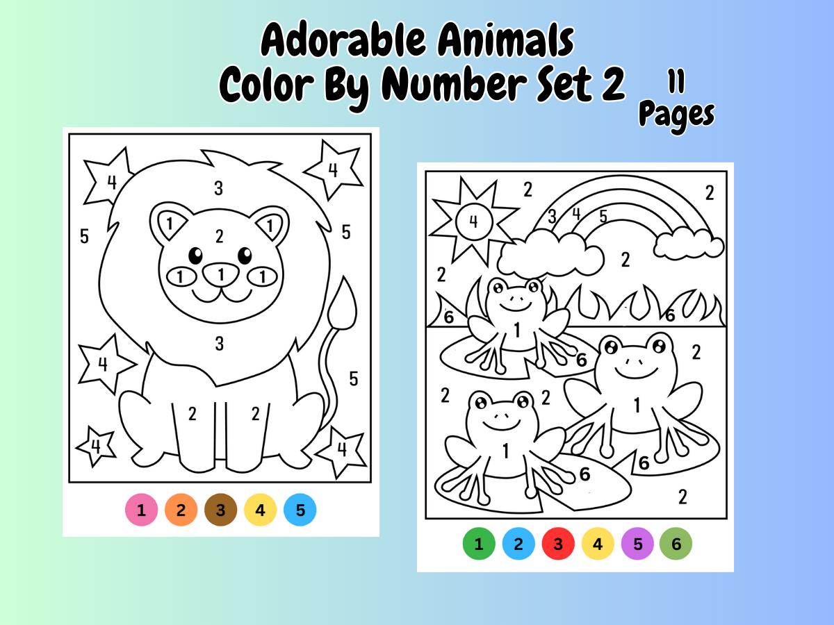 Adorable Animals Color by Number, 11 Printable Coloring Pages (digital ...