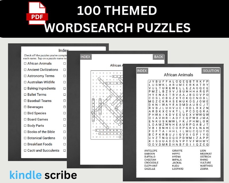 100 Kindle Scribe Word Search Puzzles, 100 Different Themes Word Search ...
