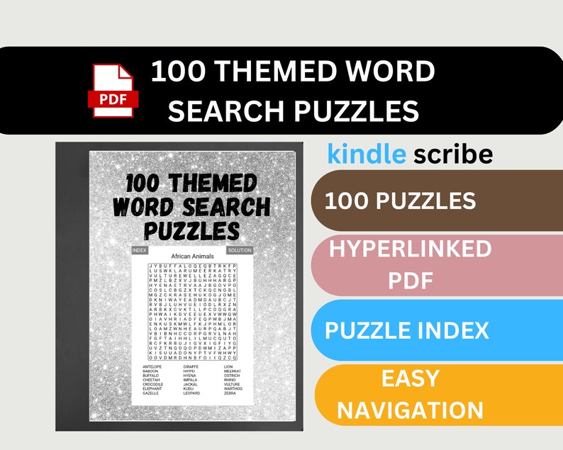 100 Kindle Scribe Word Search Puzzles, 100 Different Themes Word Search ...