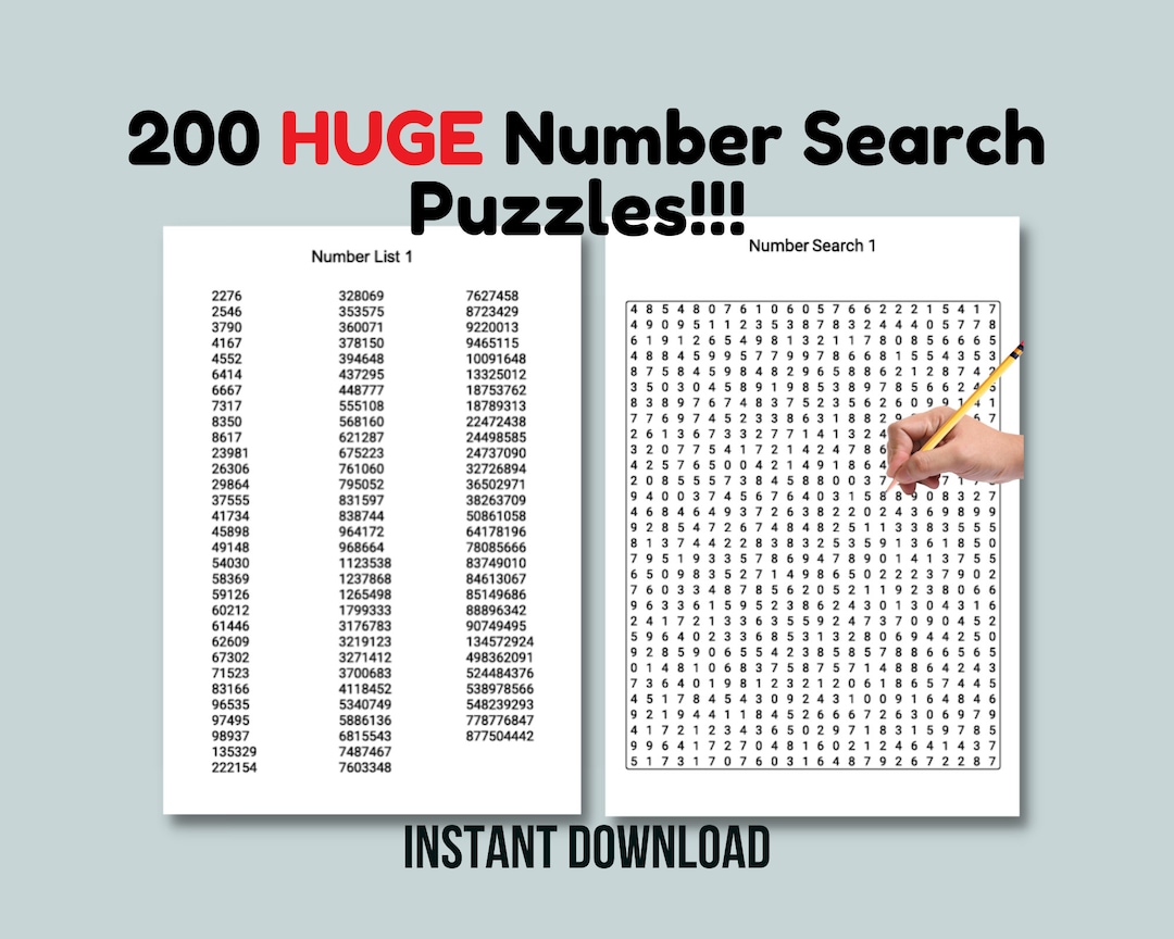 200 Printable Number Search Puzzle Pages for Adults, Two Page Large ...