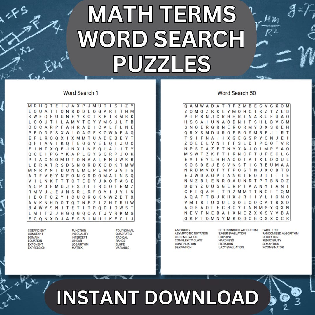 Math Terms Word Search Puzzles, 50 Math Puzzles, Math Vocabulary ...