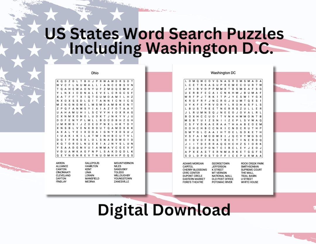 United States Word Search Puzzle: 50 States + D.C. (printable PDF) - Etsy