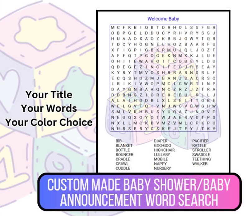 Personalized Baby Shower Word Search Puzzle, Custom Baby Announcement ...