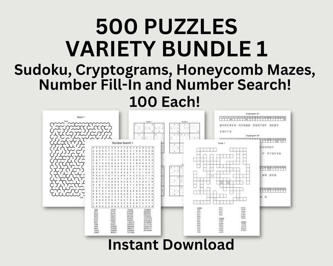 500 Puzzles Variety Bundle, Sudoku, Cryptograms, Honeycomb Mazes ...