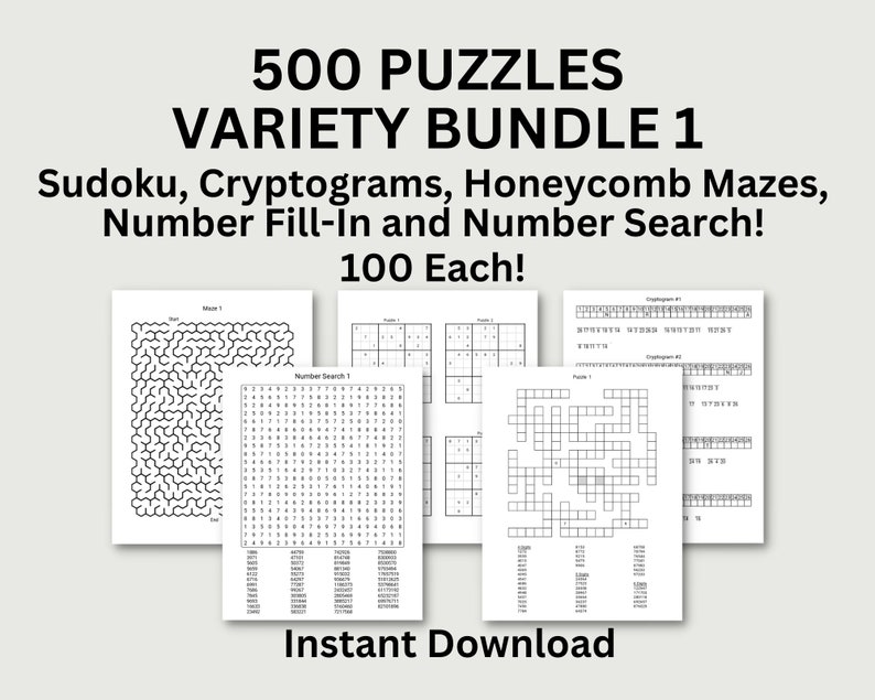500 Puzzle Variety Bundle | Sudoku, Mazes, Cryptograms, Number Search ...