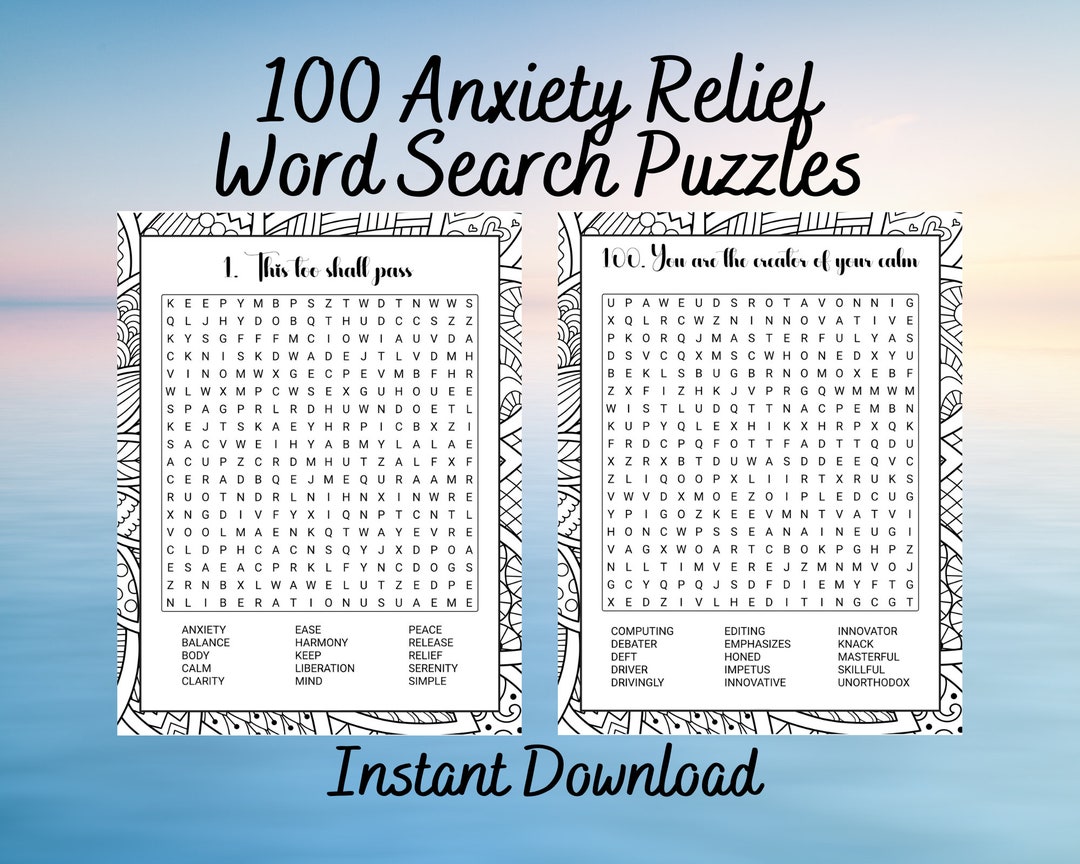 100 Anxiety Relief Word Search Puzzles, Self Care Puzzles, Printable ...