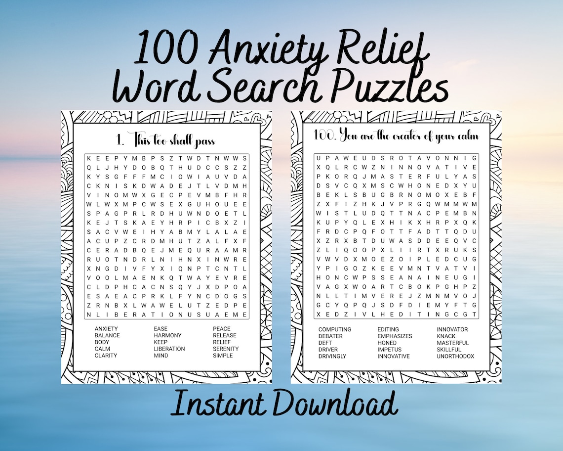 100 Anxiety Relief Word Search Puzzles, Self Care Puzzles, Printable ...