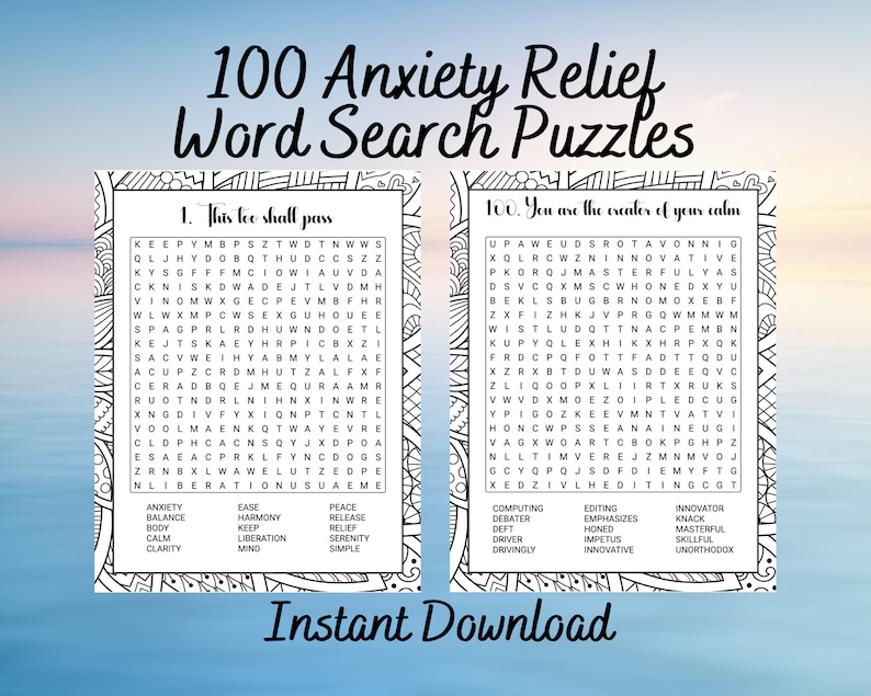 100 Anxiety Relief Word Search Puzzles, Self Care Puzzles, Printable ...