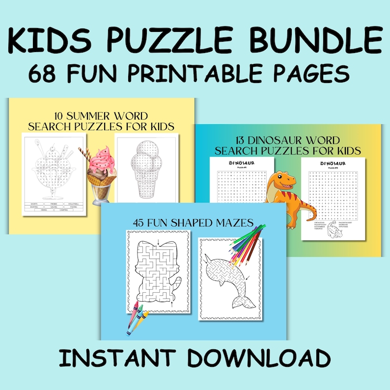 Kids Puzzle Bundle, Dinosaur Word Search Puzzles, Fun Shaped Word ...