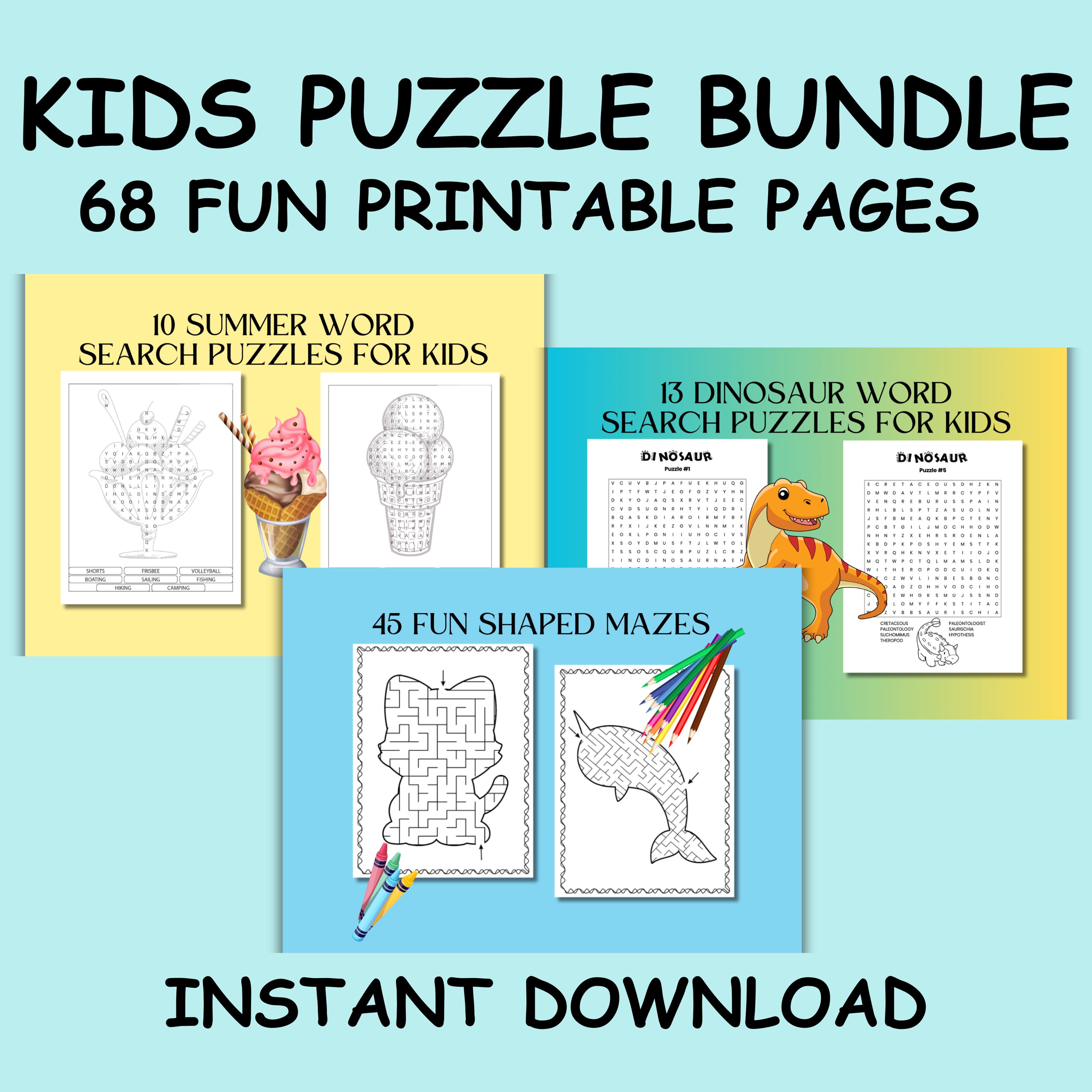 Kids Puzzle Bundle, Dinosaur Word Search Puzzles, Fun Shaped Word ...