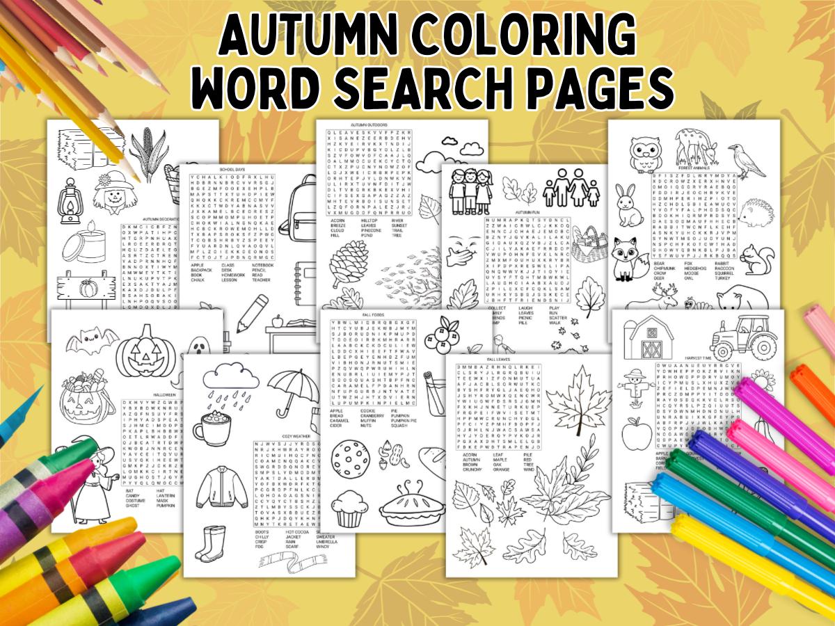 Autumn Word Search & Coloring Pages: 30 Fall Puzzle Pages for Kids ...