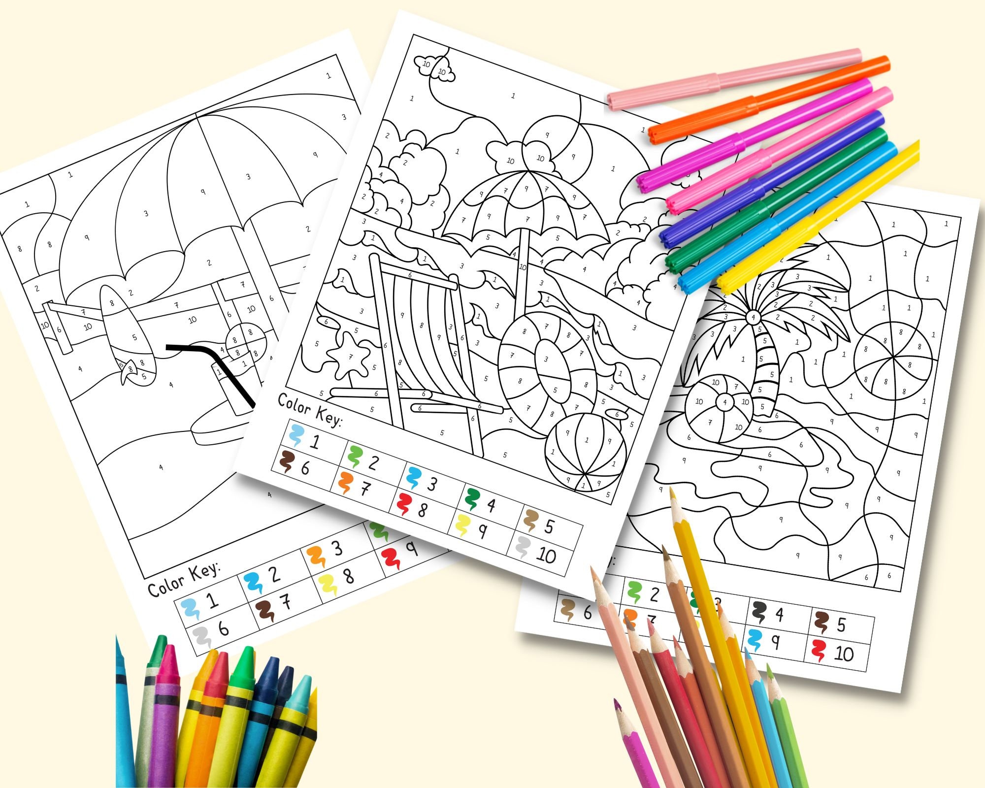 Summer Color by Number Pages: 10 Printable Coloring Pages (PDF) - Etsy