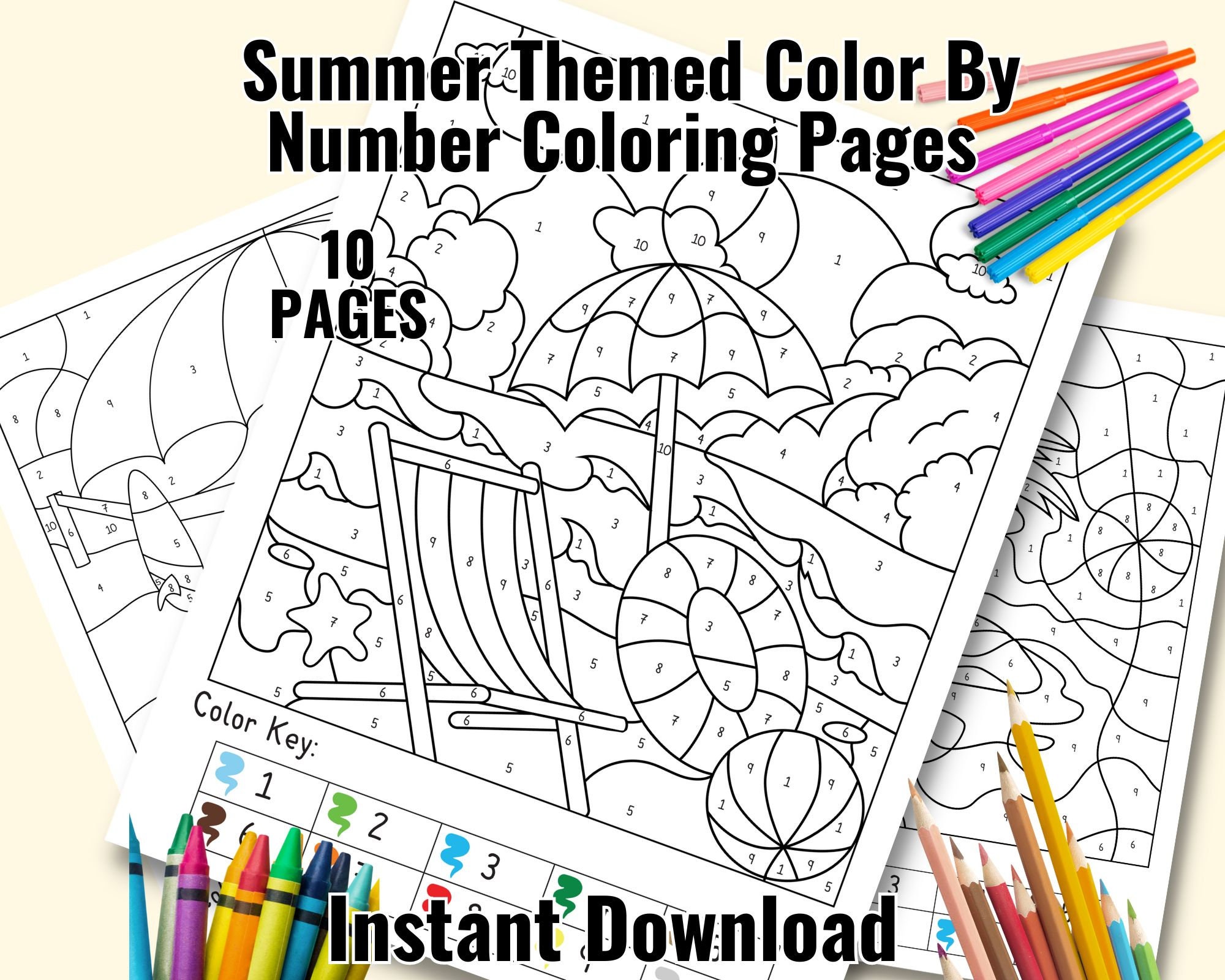 Summer Color by Number Pages: 10 Printable Coloring Pages (PDF) - Etsy