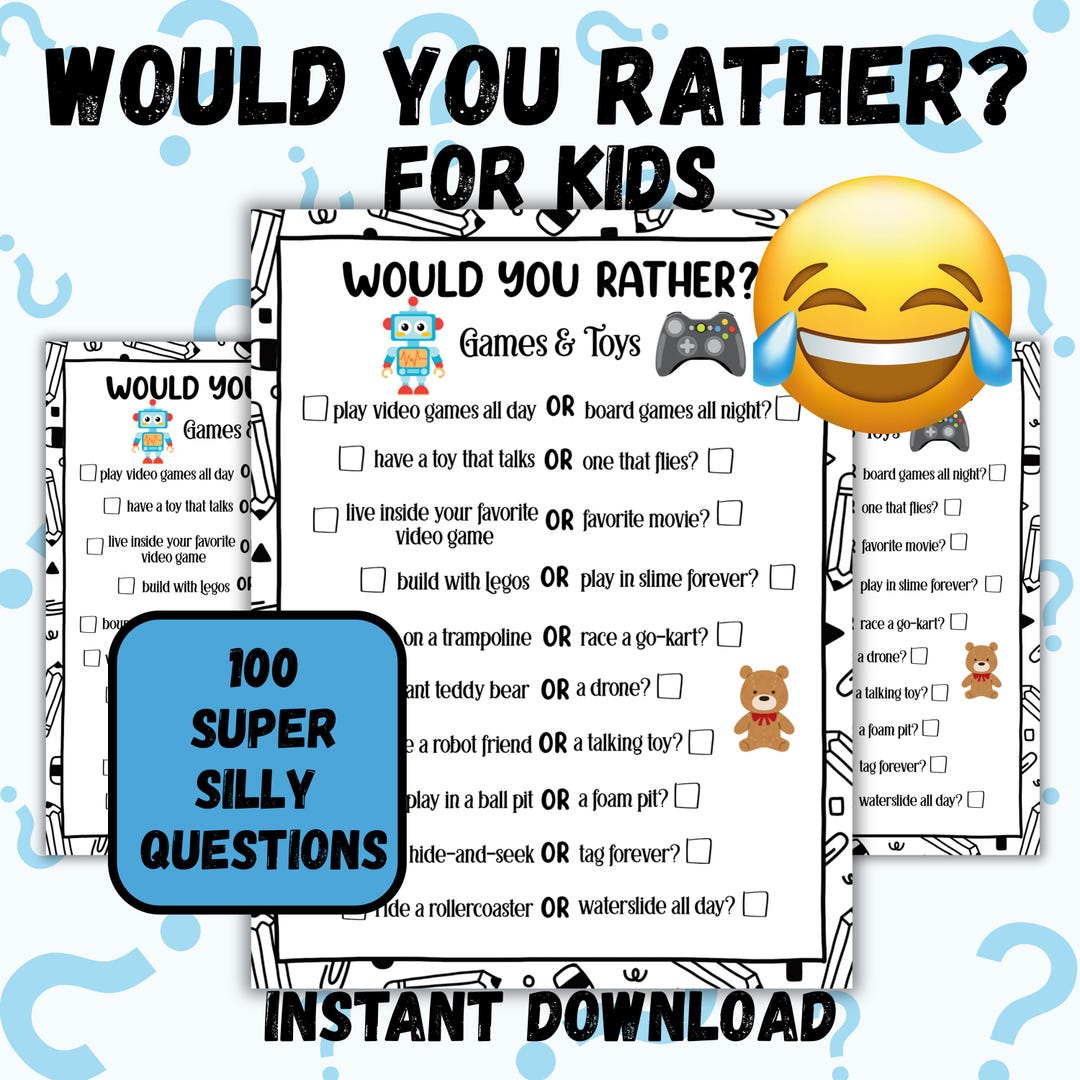Would You Rather Game: 100 Silly Questions, Kids Road Trip Printable ...