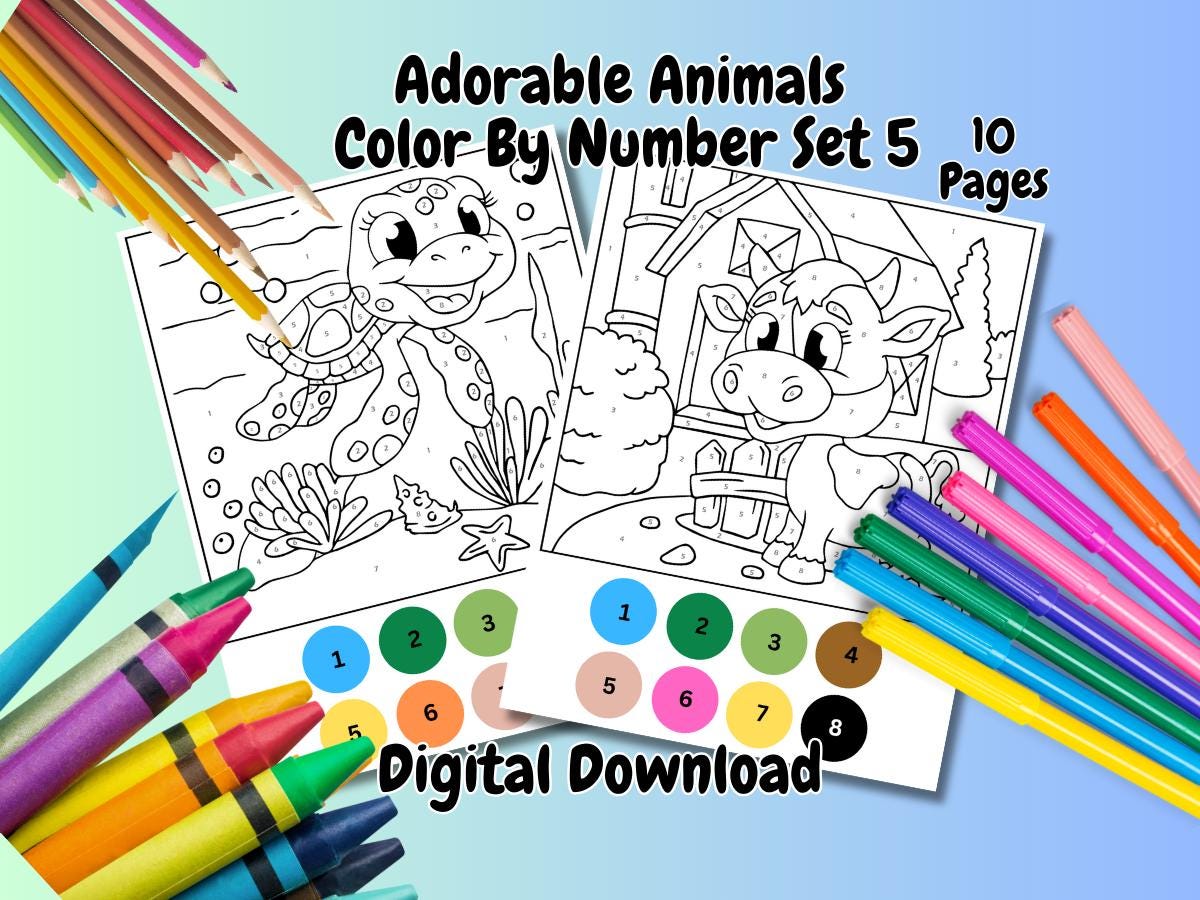 Adorable Animals Color by Number: 10 Printable Coloring Pages (digital ...