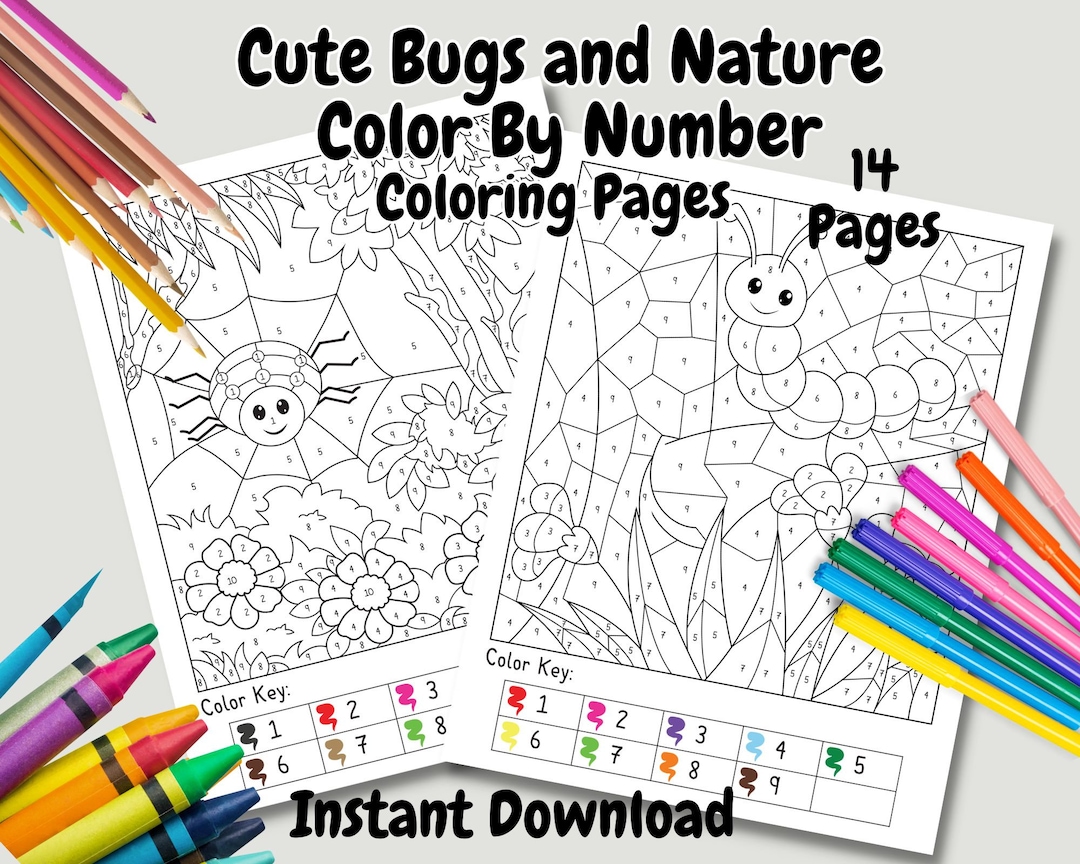 Cute Bugs and Nature Color by Number Coloring Pages, Instant Download ...