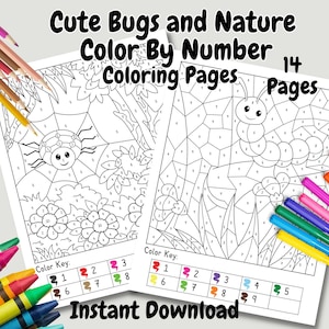 Cute Bugs and Nature Color by Number Coloring Pages, Instant Download ...