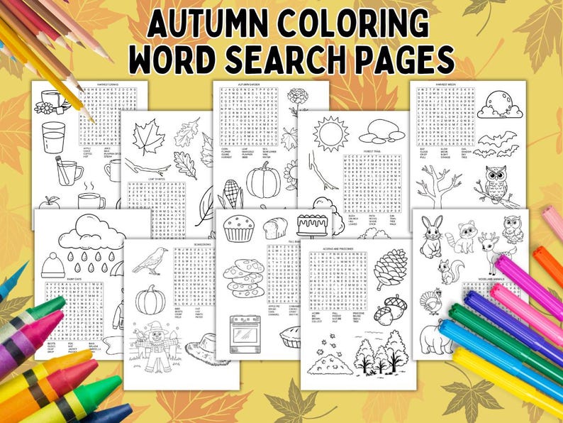Autumn Word Search & Coloring Pages: 30 Fall Puzzle Pages for Kids ...