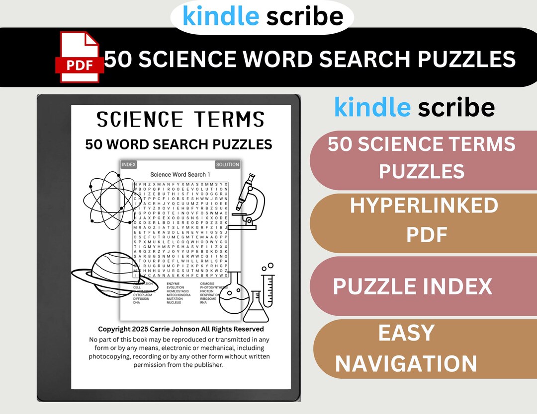 50 Science Word Search Puzzles, Interactive PDF for Kindle Scribe ...