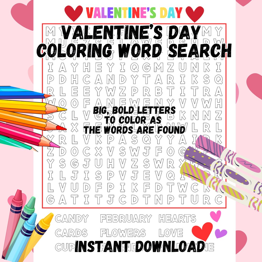 Valentine's Day Coloring Word Search: Bold Letters Puzzle (digital ...