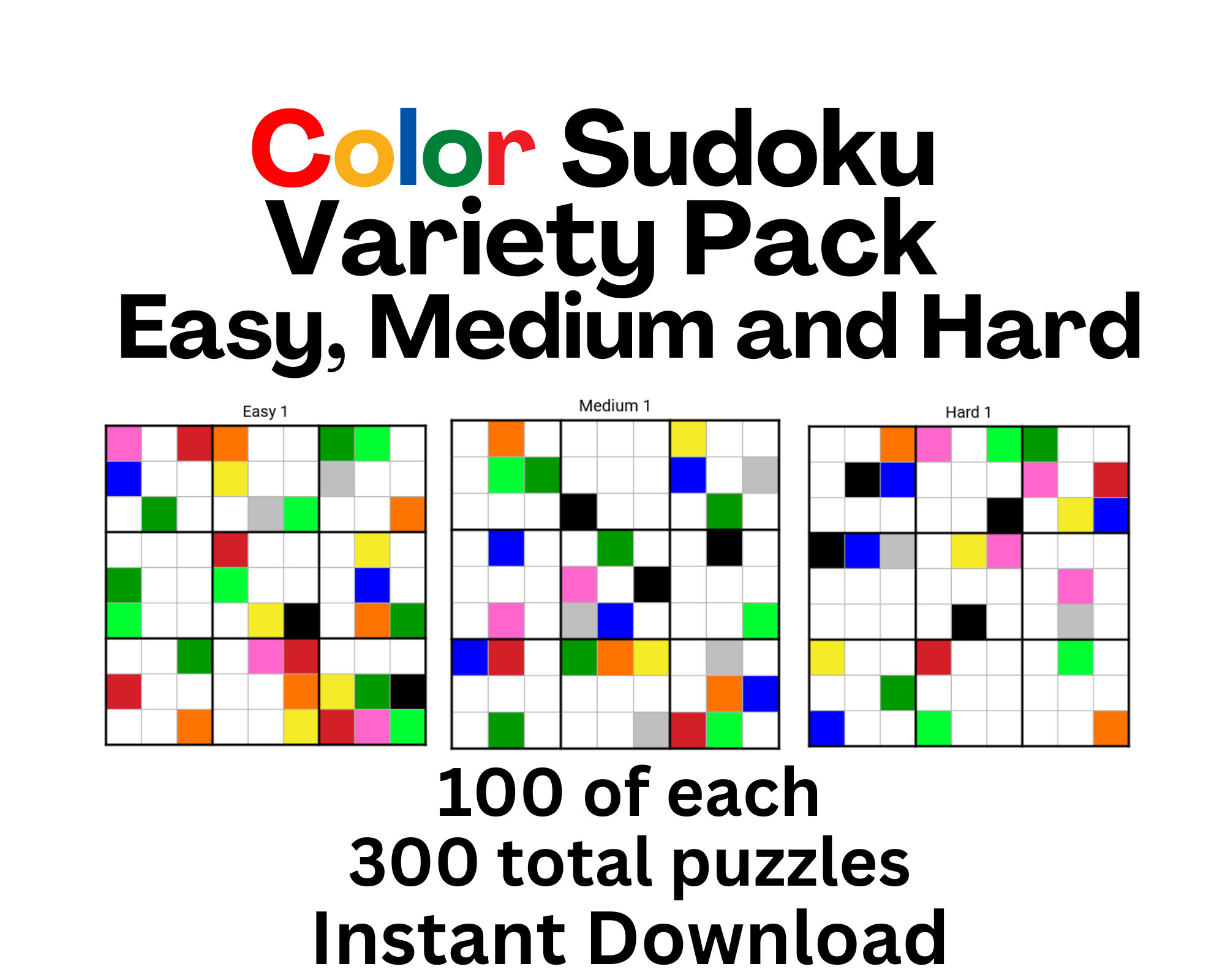 Color Sudoku Variety Pack, 300 Easy Medium and Hard Color Sudoku ...