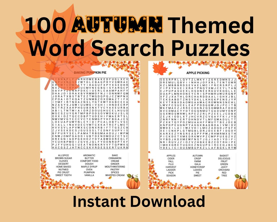 Autumn Themed Word Search Puzzles, 100 Fall Themed Puzzles, Printable ...